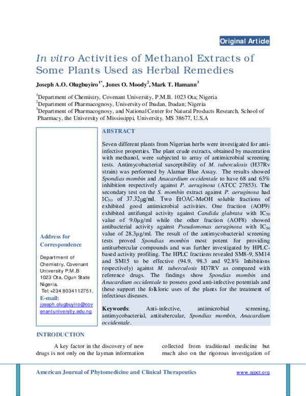 (PDF) In vitro activities of methanol extracts of some plants used as ...
