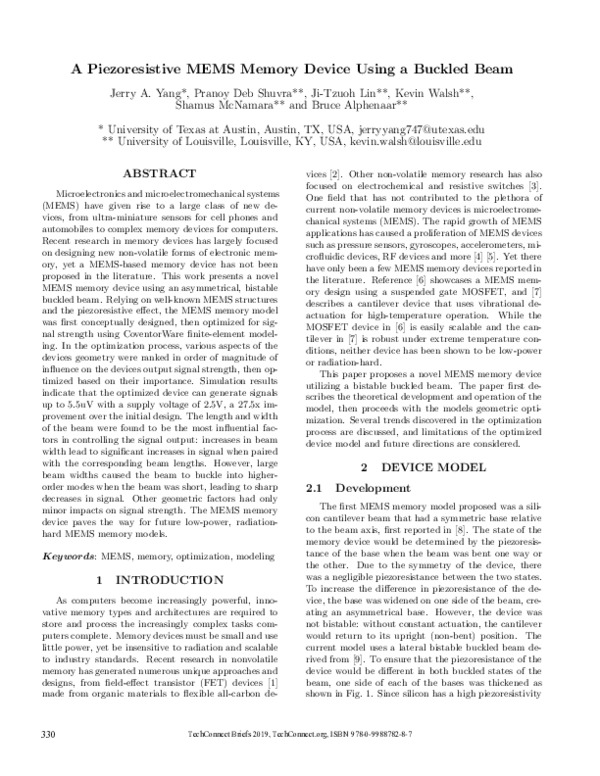 (PDF) A Piezoresistive MEMS Memory Device Using a Buckled Beam | Kevin Walsh - Academia.edu