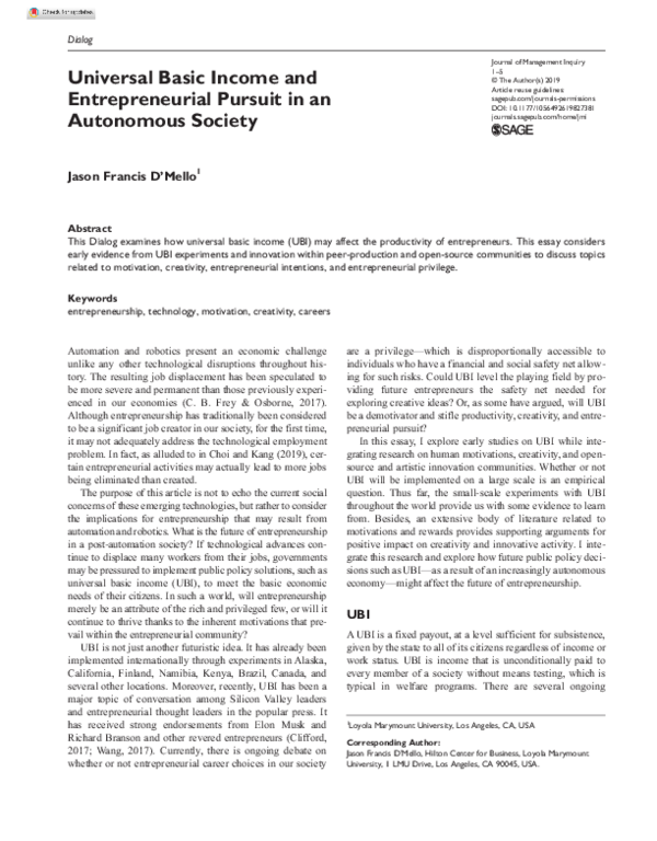 (PDF) Universal Basic Income and Entrepreneurial Pursuit in an Autonomous Society