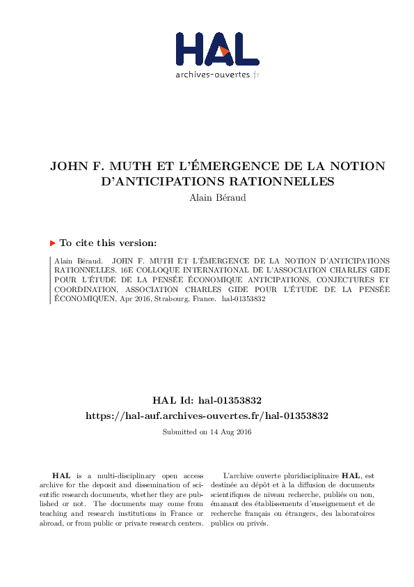 (PDF) John F Muth and the Emergence of the Notion of Rational Anticipations