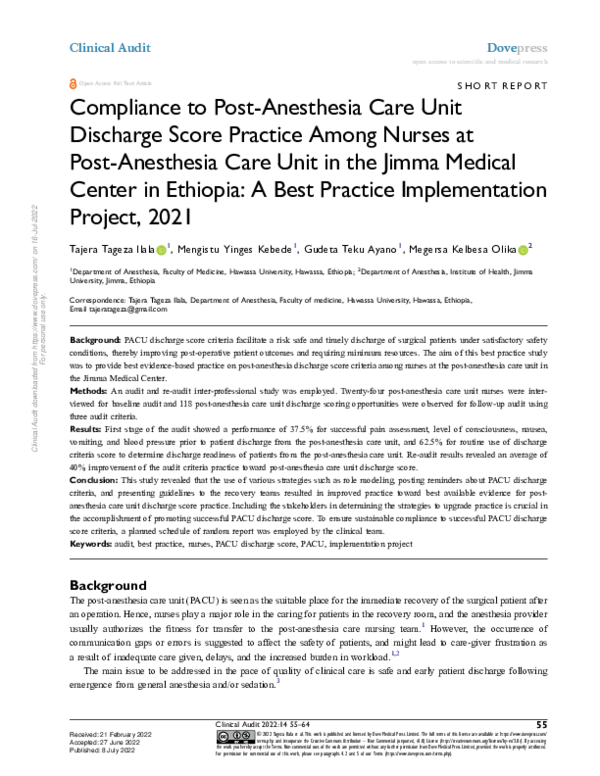 (PDF) Compliance to Post-Anesthesia Care Unit Discharge Score Practice ...