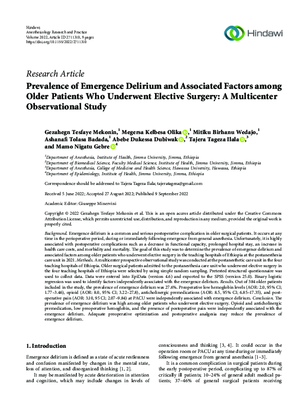 (PDF) Prevalence of Emergence Delirium and Associated Factors among ...