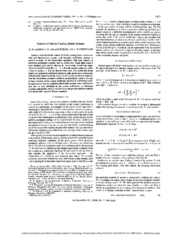 Pdf Control Of Slowly Varying Linear Systems