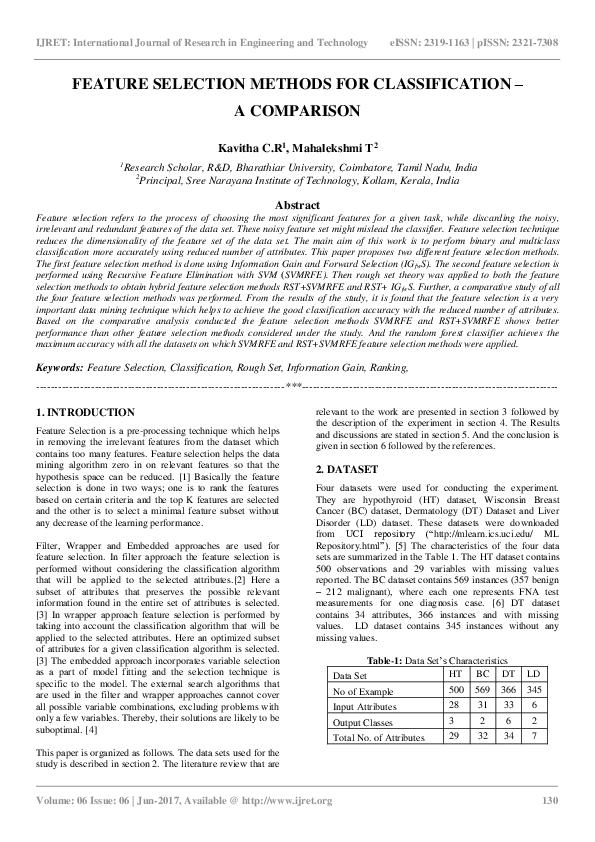 (PDF) Feature Selection Methods for Classification – a Comparison