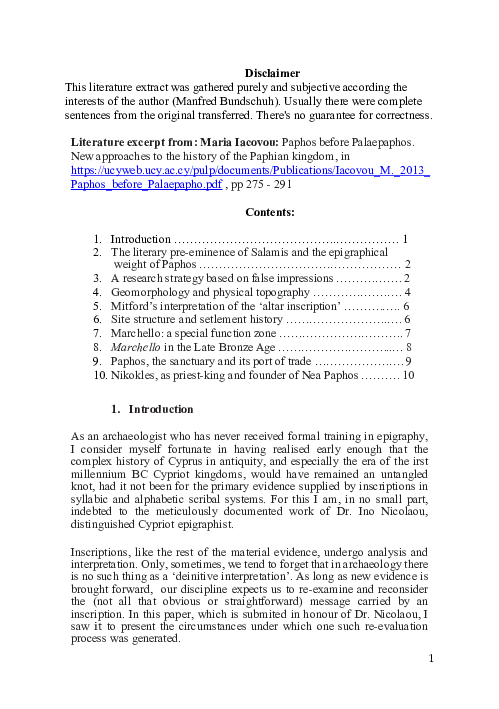 (PDF) Literature excerpt from: Maria Iacovou: Paphos before Palaepaphos ...