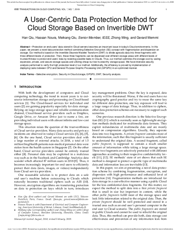 Pdf A User Centric Data Protection Method For Cloud Storage Based On Invertible Dwt