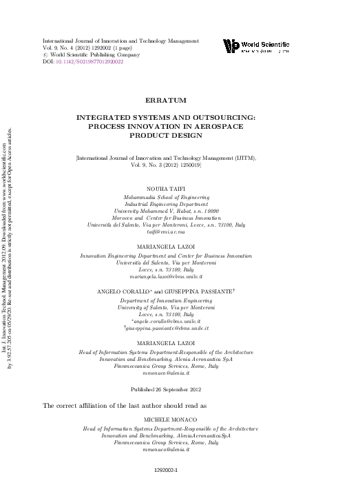 (PDF) Erratum: Integrated Systems and Outsourcing: Process Innovation ...