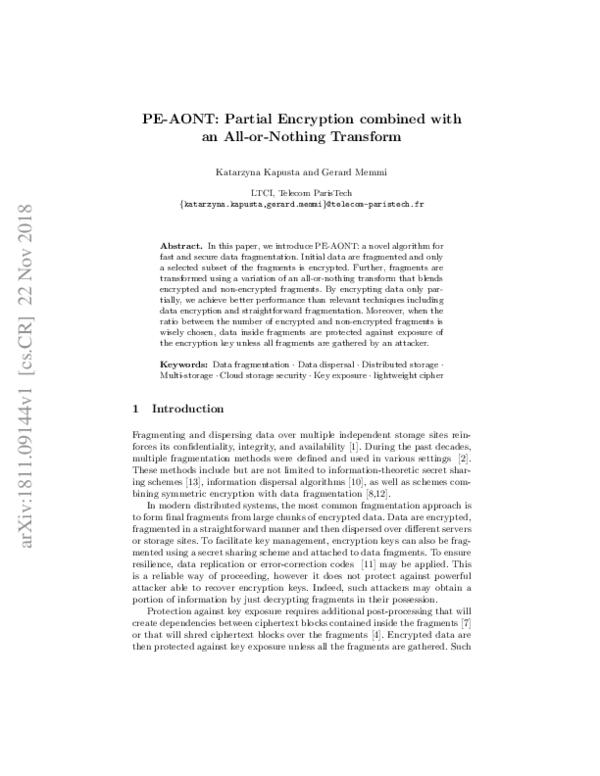 (PDF) PE-AONT: Partial Encryption combined with an All-or-Nothing Transform