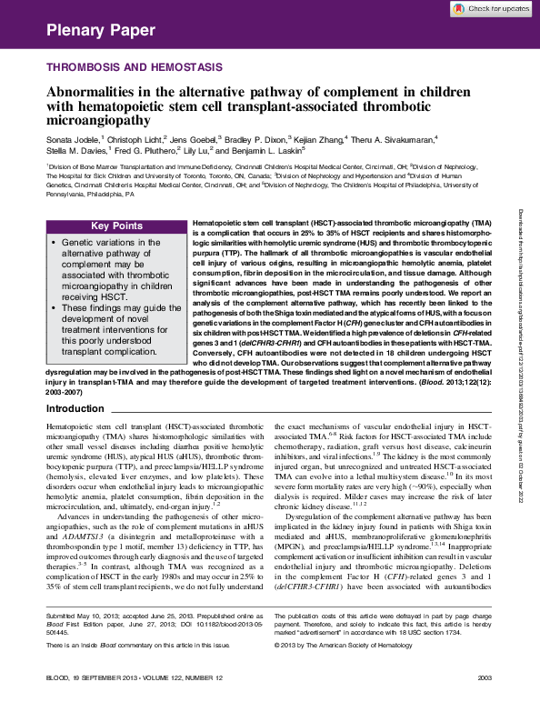 (PDF) Abnormalities in the alternative pathway of complement in children with hematopoietic stem ...