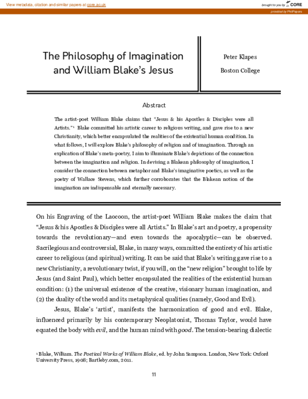 (PDF) The Philosophy of Imagination and William Blake's Jesus