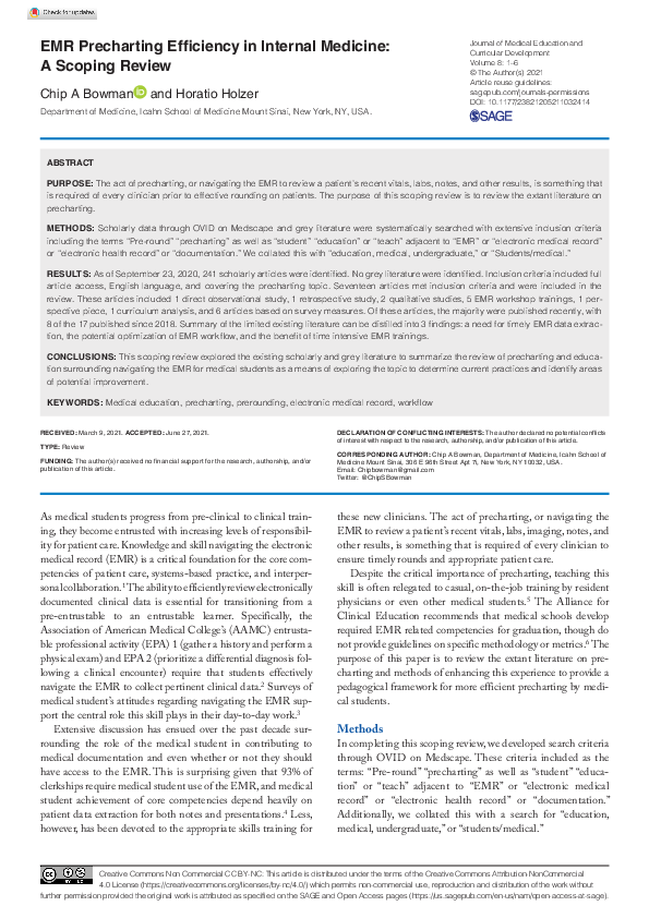 (PDF) EMR Precharting Efficiency in Internal Medicine: A Scoping Review