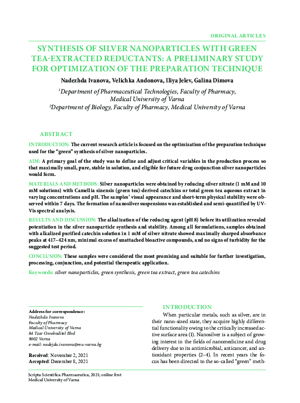 (PDF) SYNTHESIS OF SILVER NANOPARTICLES WITH GREEN TEA-EXTRACTED REDUCTANTS: A PRELIMINARY STUDY ...