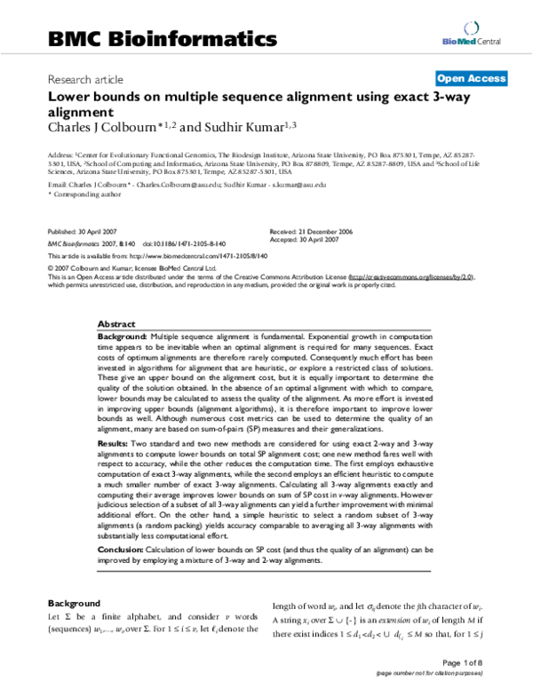 Pdf Lower Bounds On Multiple Sequence Alignment Using Exact 3 Way Alignment Sudhir Kumar