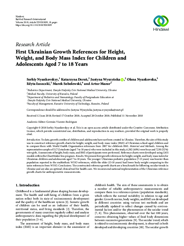 (PDF) First Ukrainian Growth References for Height, Weight, and Body ...