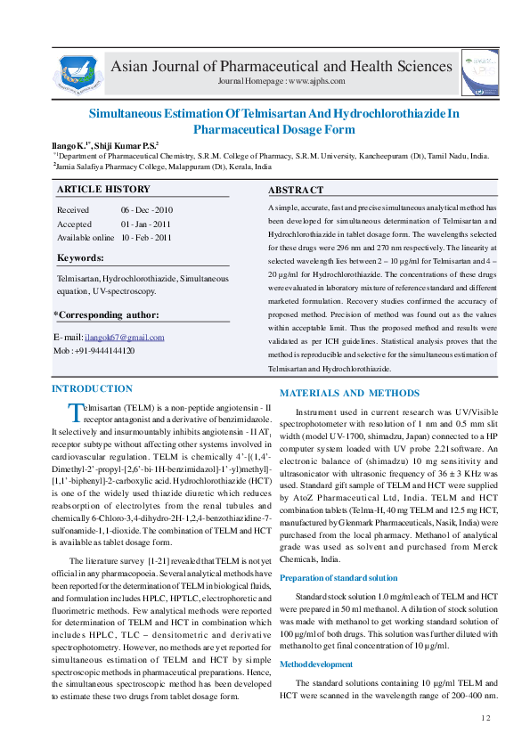 (PDF) Simultaneous Estimation Of Telmisartan And Hydrochlorothiazide In ...