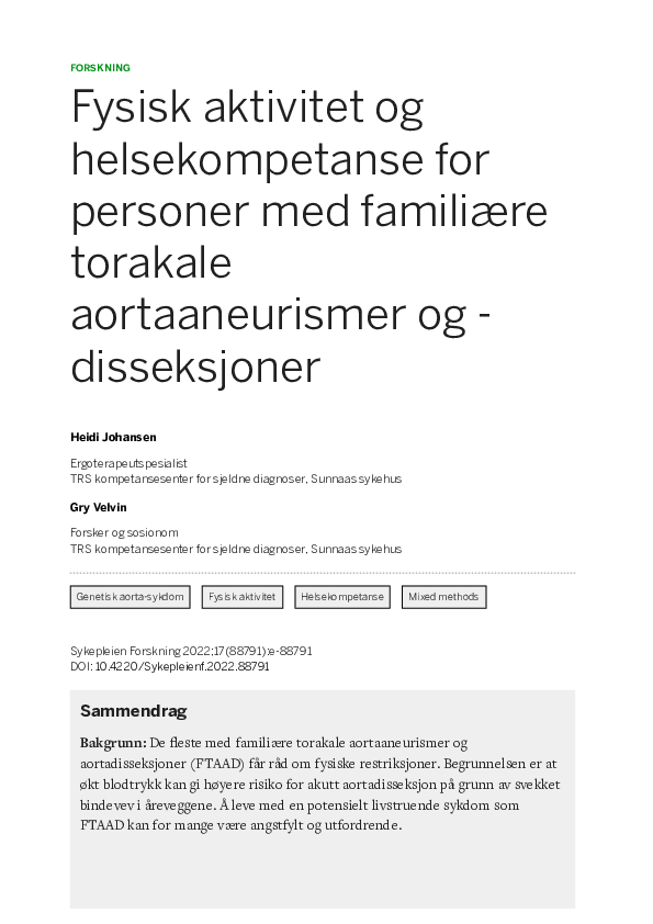 (PDF) Fysisk aktivitet og helsekompetanse for personer med familiære torakale aortaaneurismer og ...