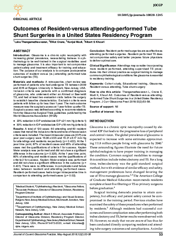 (PDF) Outcomes of Resident-versus attending-performed Tube Shunt ...