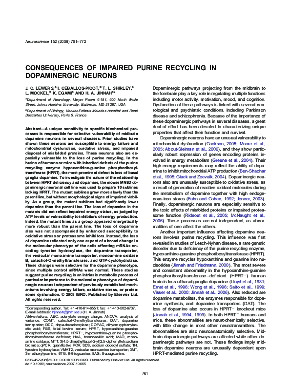 (PDF) Consequences of impaired purine recycling in dopaminergic neurons