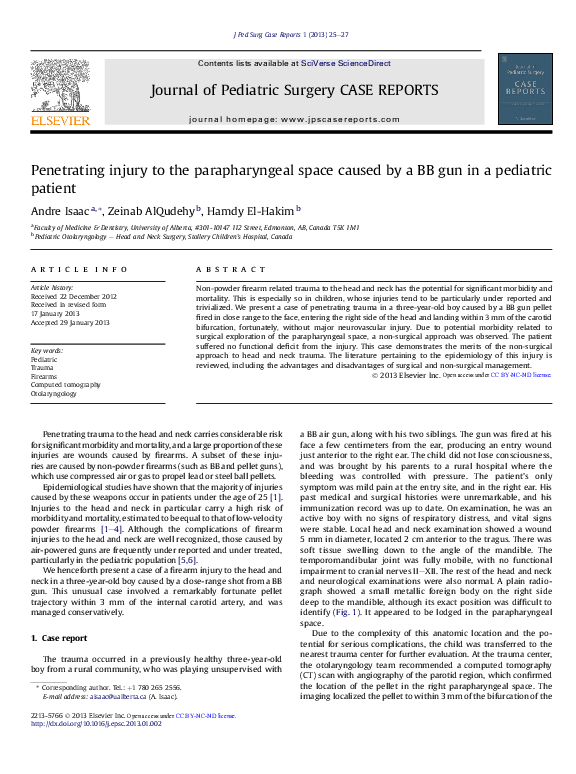 (PDF) Penetrating injury to the parapharyngeal space caused by a BB gun ...