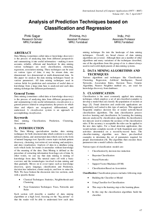 (PDF) Analysis of Prediction Techniques based on Classification and Regression