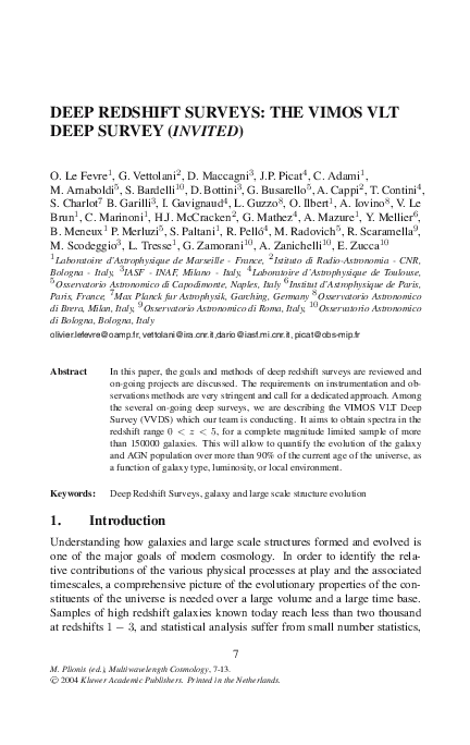 (PDF) Deep Redshift Surveys: The VIMOS VLT Deep Survey (Invited)