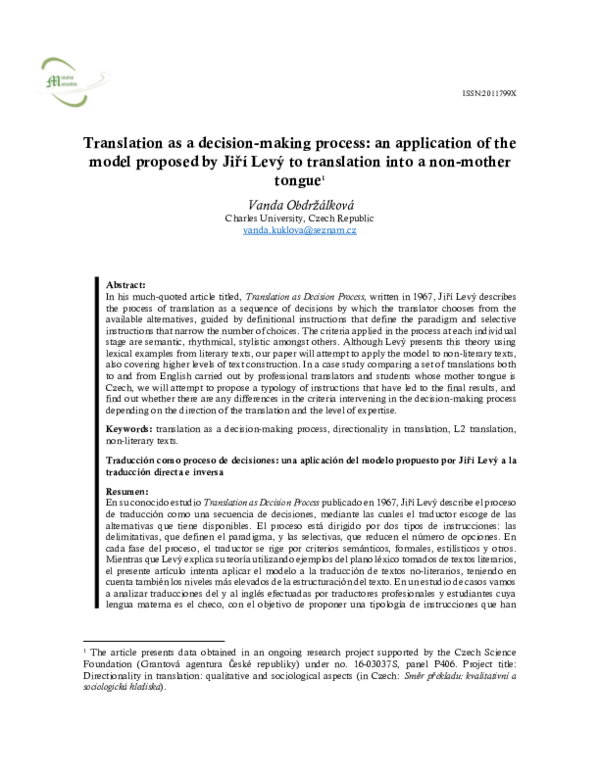 (PDF) Translation as a decision-making process: an application of the ...