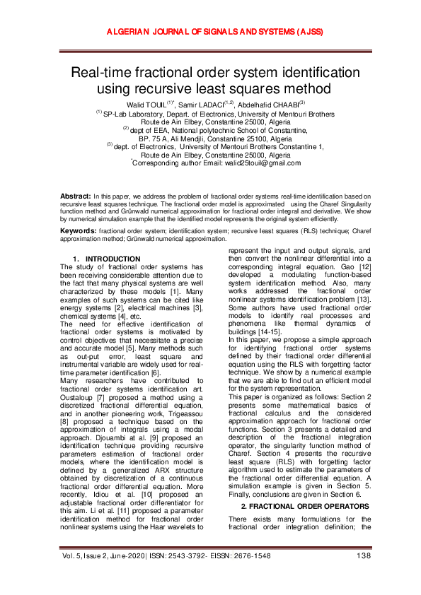 Pdf Real Time Fractional Order System Identification Using Recursive