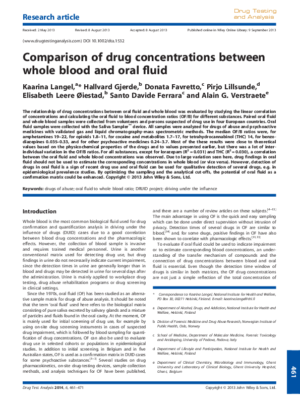 (PDF) Comparison of drug concentrations between whole blood and oral fluid