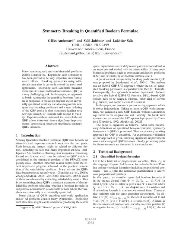 (PDF) Symmetry breaking in quantified boolean formulae