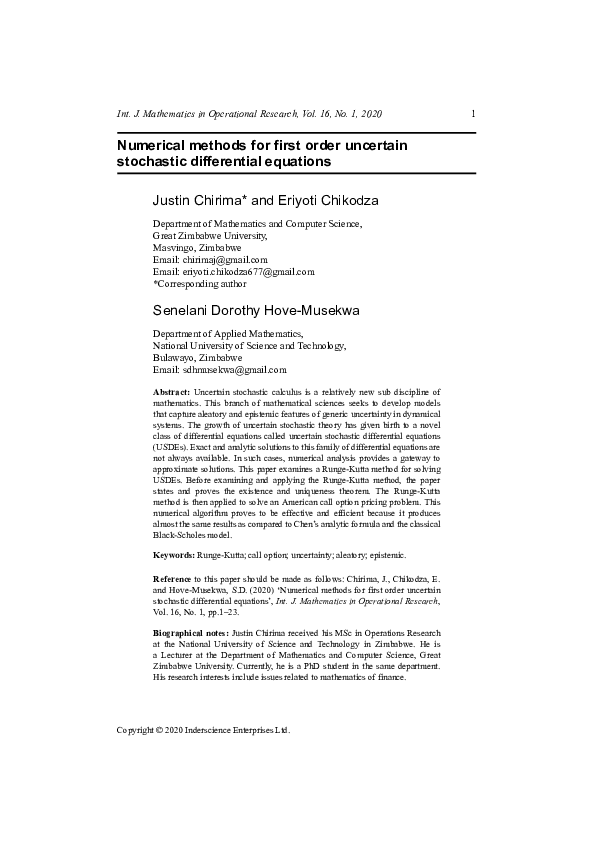 Pdf Numerical Methods For First Order Uncertain Stochastic