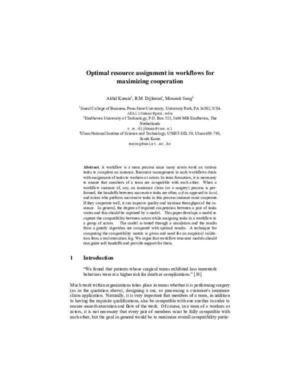 (PDF) Optimal Resource Assignment in Workflows for Maximizing Cooperation