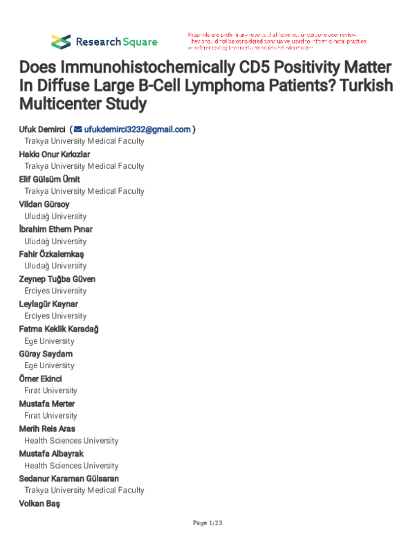 (PDF) Does Immunohistochemically CD5 Positivity Matter In Diffuse Large B-Cell Lymphoma Patients ...