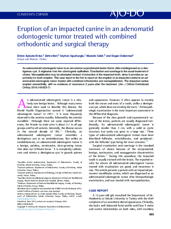 (PDF) Eruption of an impacted canine in an adenomatid odontogenic tumor ...