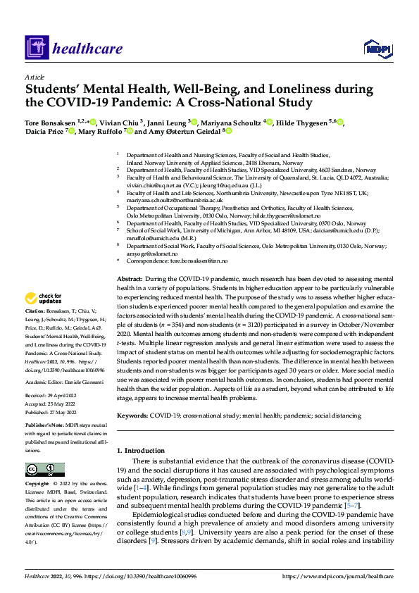 (PDF) Students’ Mental Health, Well-Being, and Loneliness during the ...