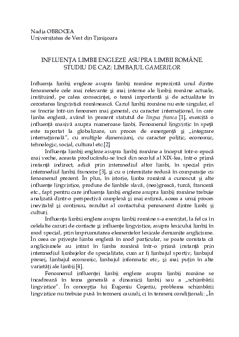 (PDF) Influenţa limbii engleze asupra limbii române. Studiu de caz ...