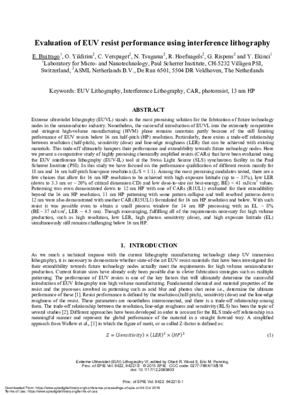 (PDF) Evaluation of EUV resist performance using interference lithography