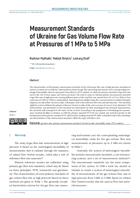 (PDF) Measurement Standards of Ukraine for Gas Volume Flow Rate at ...