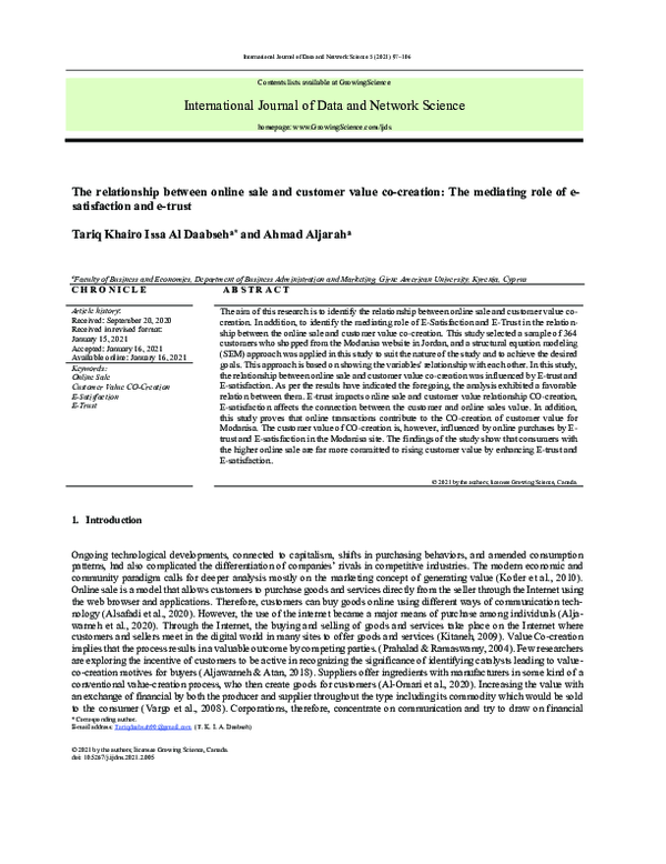 Pdf The Relationship Between Online Sale And Customer Value Co Creation The Mediating Role Of