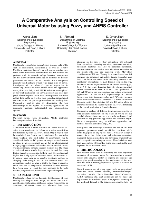 Pdf A Comparative Analysis On Controlling Speed Of Universal Motor By Using Fuzzy And Anfis