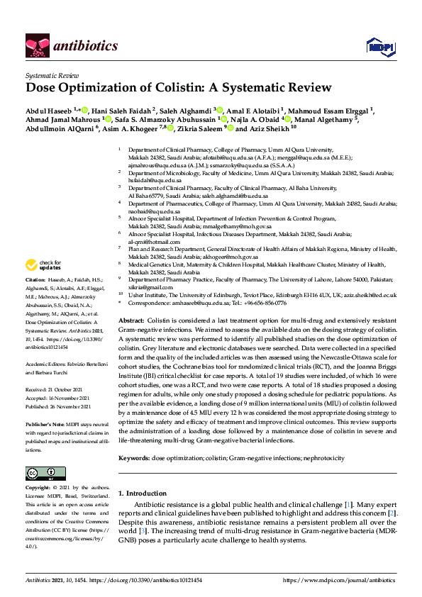 (PDF) Dose Optimization of Colistin: A Systematic Review
