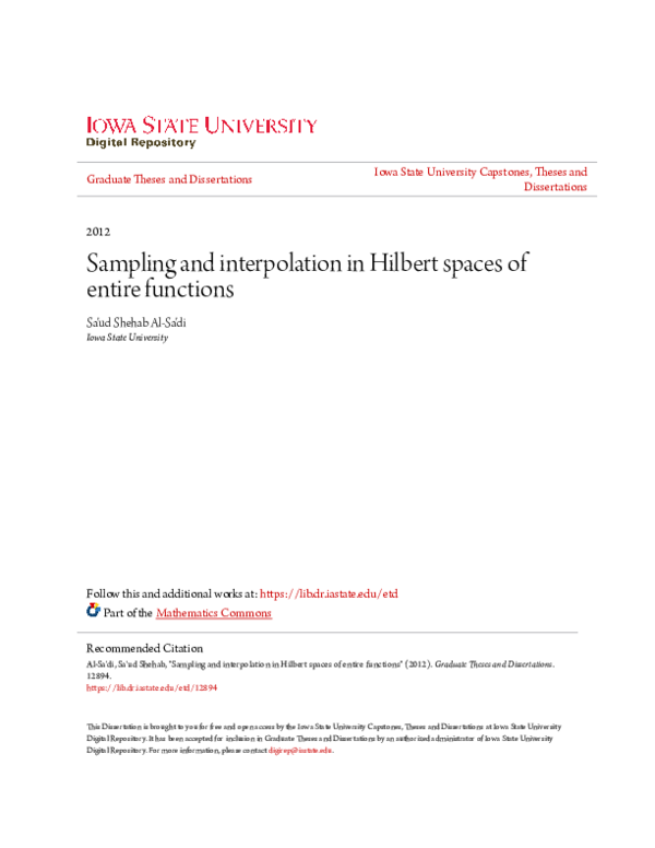 (PDF) Sampling and interpolation in Hilbert spaces of entire functions | Saud Alsadi - Academia.edu