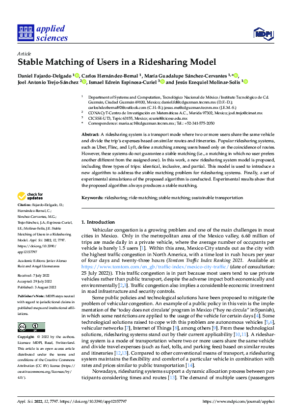 (PDF) Stable Matching of Users in a Ridesharing Model