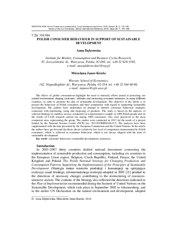 (PDF) Polish Consumer Behaviour in Support of Sustainable Development