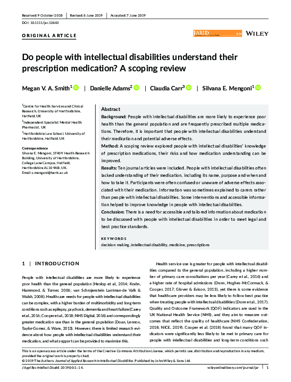 (PDF) Do people with intellectual disabilities understand their prescription medication? A ...