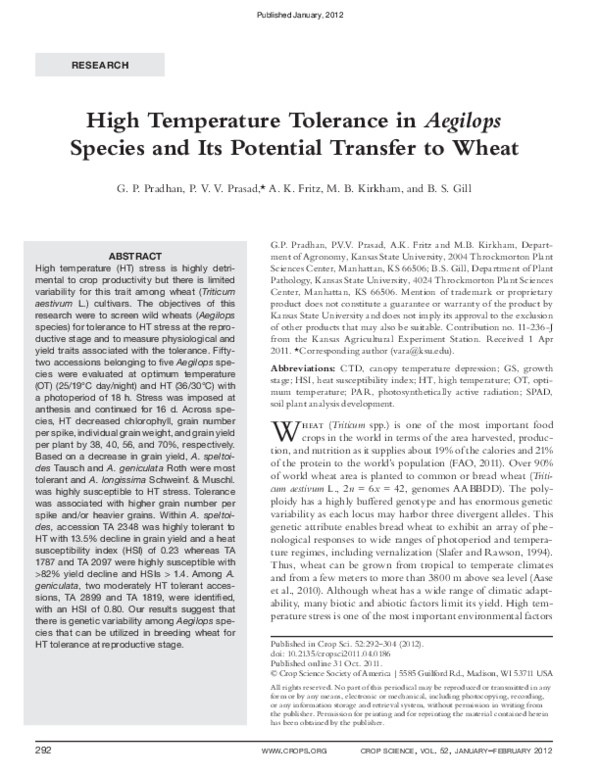 (PDF) High Temperature Tolerance in Aegilops Species and Its Potential ...