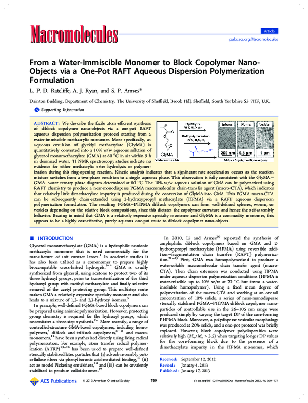 (PDF) From a Water-Immiscible Monomer to Block Copolymer Nano-Objects via a One-Pot RAFT Aqueous ...