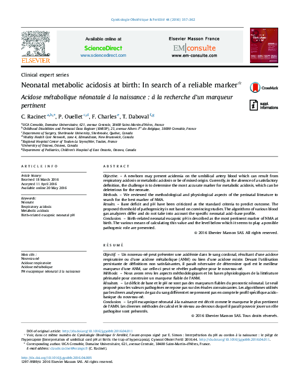 (PDF) Neonatal metabolic acidosis at birth: In search of a reliable marker