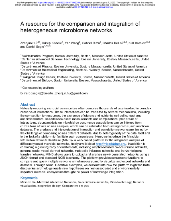 (PDF) A resource for the comparison and integration of heterogeneous microbiome networks