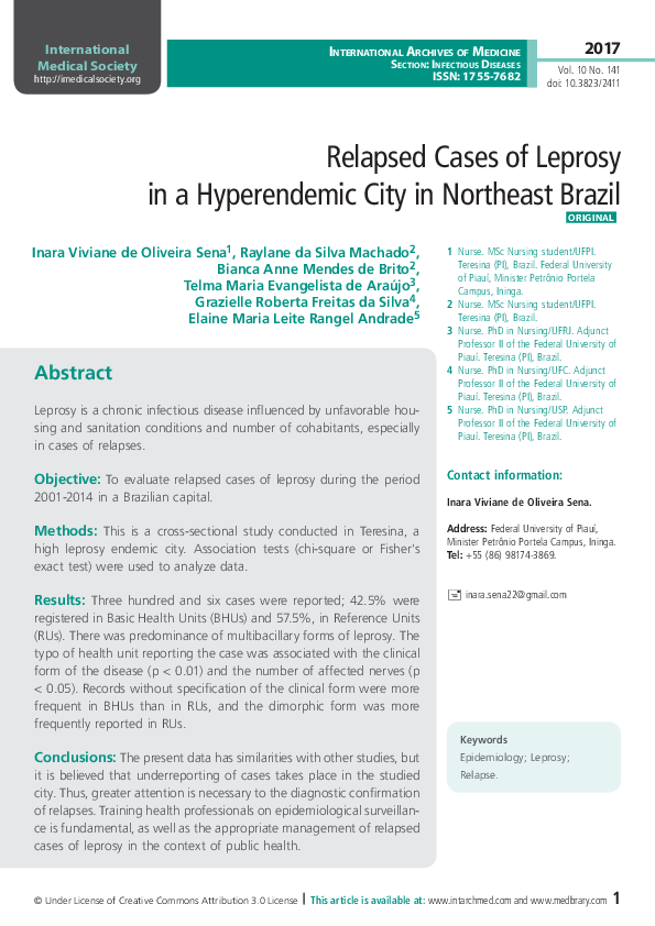 (PDF) Relapsed Cases Of Leprosy In A Hyperendemic City In Northeast Brazil