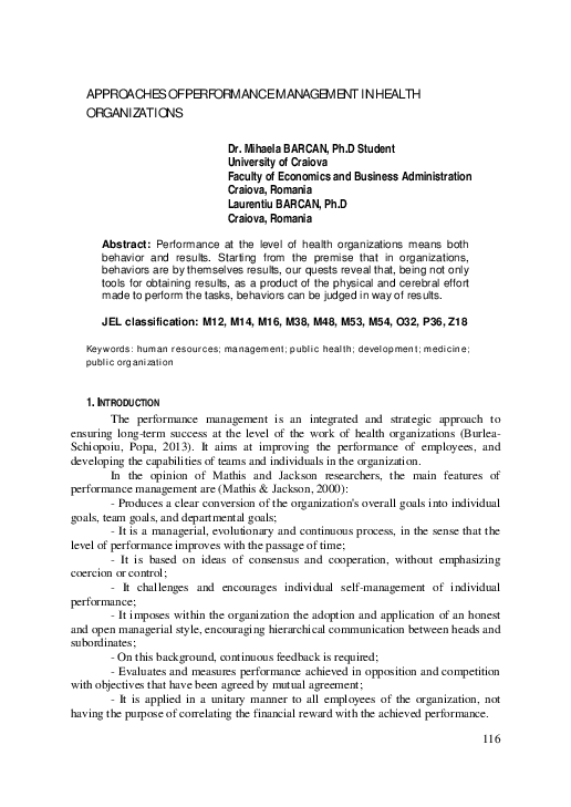 (PDF) Approaches of Performance Management in Health Organizations